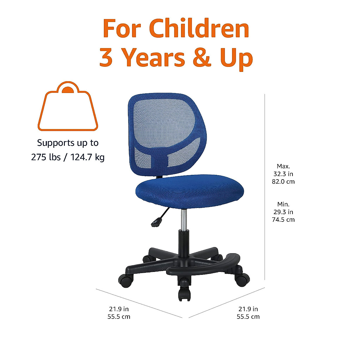 Amazon Basics Kids Adjustable Mesh Low-Back Swivel Study Desk Chair with Footrest, Blue