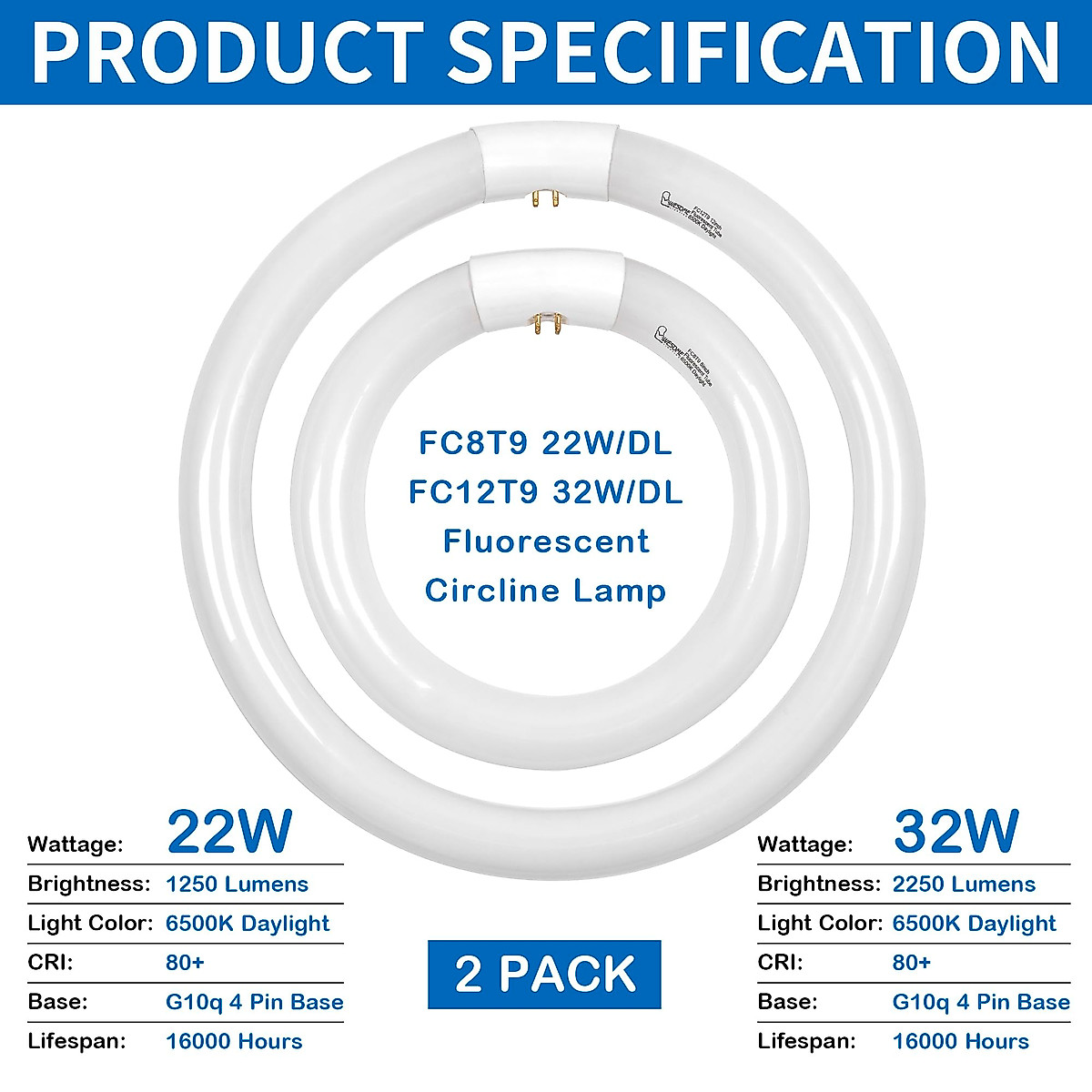 FC8T9 22W and FC12T9 32W Circular Light Bulb, Daylight 6500K Set, Round Repalement Bulbs, 8 Inch 22 Watts and 12 Inch 32 Watts Circline Kitchen and Bath Fluorescent Lamp, G10q 4 Pin Base, 2 Pack
