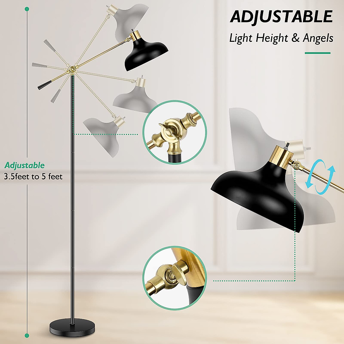 Industrial Floor Lamp For Bedrooms - Black Rustic Reading Lamp, 180°Adjustable Arm & Head Antique Indoor Standing Lamp, Modern Arc Indoor Pole Task Lamp For Living Room, Office, Study Room, Hotel