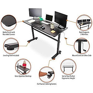 Stand Steady Tranzendesk | 55 Inch Standing Desk with Attachable Wheels| Easy Crank Height Adjustable Sit to Stand Workstation | Modern Ergonomic Desk Supports 3 Monitors (55 / Black)