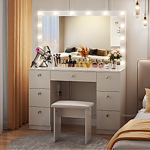 VOWNER Vanity with Lighted Mirror - Makeup Vanity Desk with Power Outlet and 7 Drawers, 3 Color Lighting Modes Adjustable Brightness, 44" Vanity Table with Soft Cushioned Stool for Women Girls, White