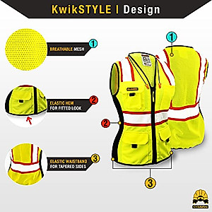 KwikSafety FIRST LADY Safety Vest for Women [SNUG-FIT] 9 Pockets, Class 2 Custom High Visibility Reflective ANSI OSHA Fitted Construction Work PPE/Yellow Medium