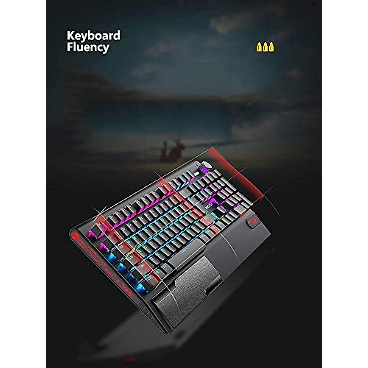 Multimedia Knob Computer Mechanical Keyboard Sandblast Metal Panel,104-Keys Conflict Free Buttons Gaming Keyboard,Dazzle Colour on Both Side, Mouse+Mouse Pads (Black/Raionbow Backlit/Blue Switch)
