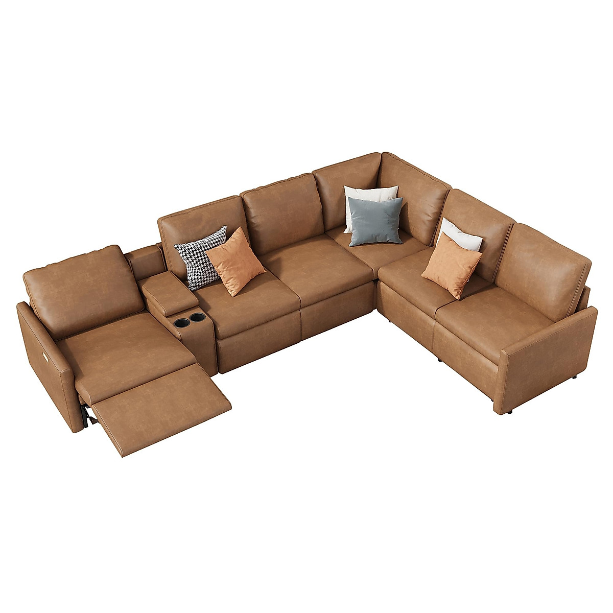 AMERLIFE Reclining Sectional Sofa, Power Recliner with Console& Single Right Recliner, 6 Seats L Shaped Couch with Cup Holder& Charging Port, Leather Modular Couch for Living Room