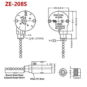 Ceiling Fan Switch Zing Ear ZE-208s E89885 3 Speed 4 Wire Pull Chain Switch Fan Light Switch Replacement Part with 4 Pre-Installed Wires(Nickel Chain)