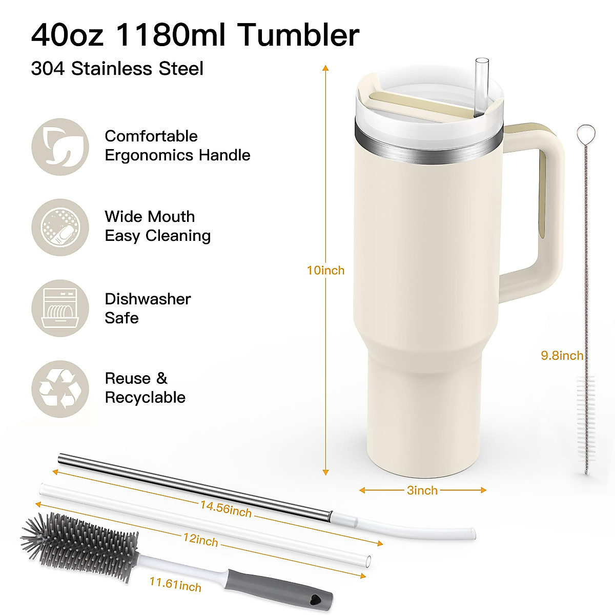 Bailkind 40oz 1180ml Tumbler With Straw and Lid X2, Spill-Proof Double Wall Stainless Steel Vacuum Insulated Cup Travel Flask Mug With Handle for Water, Iced/Hot Tea or Coffee