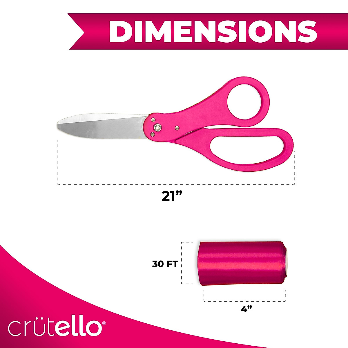 Crutello Giant Ribbon Cutting Ceremony Kit 21" Grand Opening Scissors Set with Sharp, Pink Handled Durable XL Scissors, and 30 Feet of Oversized 4" Wide Pink Ribbon
