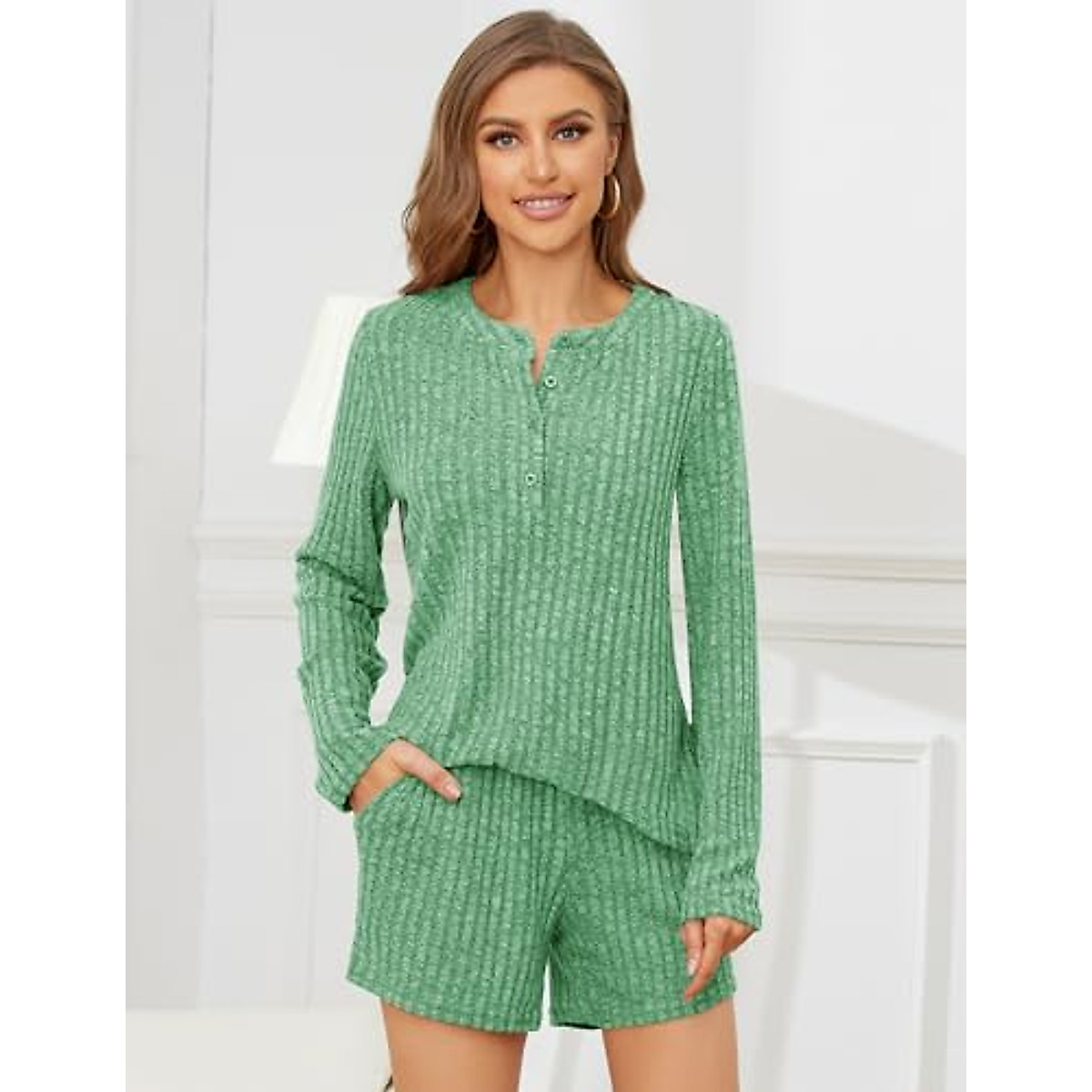 Micoson Womens Pajama Sets Fuzzy Long Sleeve Loungewear Soft Knit Button Top and Shorts 2 Piece Pj Set Sweatsuits for Gift Holiday Green M
