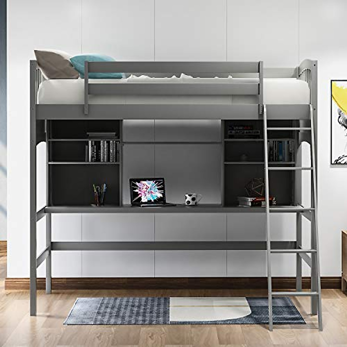 Merax Loft Bed Twin Size, Twin Loft Bed with Desk, Solid Wood Twin Size Loft Bed Frame with Shelves, Gray