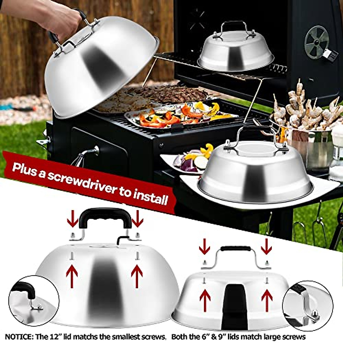 Cheese Melting Dome Set of 3, Joyfair Griddle Basting Covers, Stainless Steel Grill Cooking Lids with Adjustable Vent For Outdoor BBQ/Kitchen, Heavy Gauge Metal & Heat-resistant Handle(6.5’’-9’’-12’’)