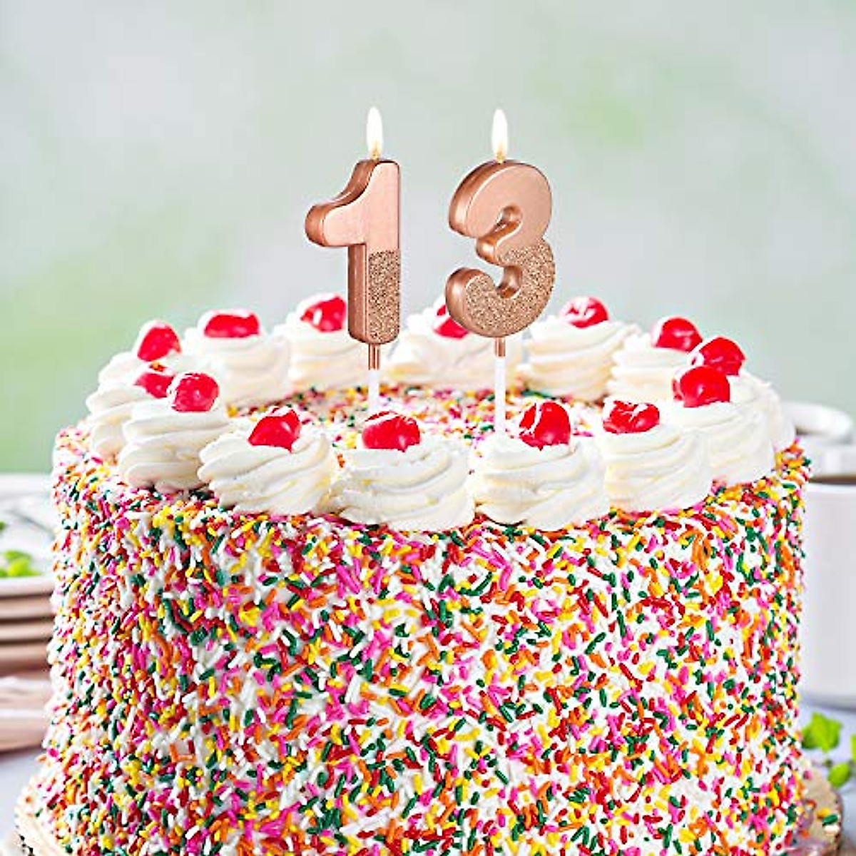 BBTO 13th Birthday Candles Glitter Cake Numeral Candles 13th Birthday Cake Topper Decoration for Birthday Wedding Anniversary Celebration Favor, Rose Gold