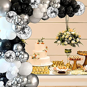 Black Silver Balloons Garland Kit - 100Pcs Black White Metallic Silver and Silver Confetti Latex Balloons Arch for Wedding Engagement Birthday Party Decorations