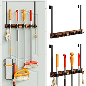Rasdwt Broom Holder Over the Door, Wood Broom and Mop Rack, Over the Door Broom Holder, Drilling-Free Mop and Broom Holder with 2 Hooks for Garage, Laundry Room Broom Hanger and Storage Tool, Brown