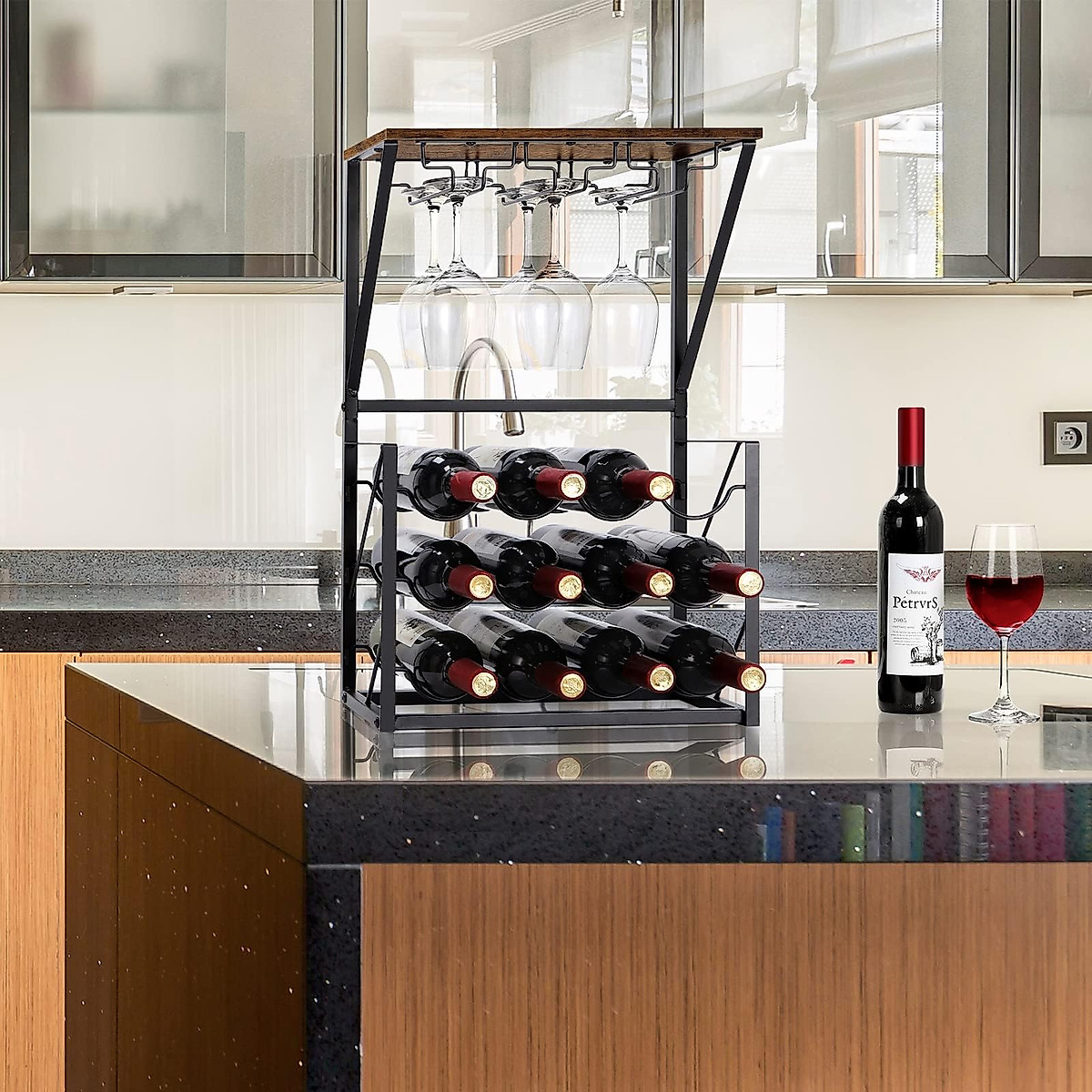 LIANTRAL 3 Tier Wine Rack, Hold 12 Bottles and 8 Wine Glass Rack Wine Holder, Freestanding Wine Rack for Home, Kitchen, Bar, Wine Cellar, Cabinet