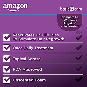 Amazon Basic Care Hair Regrowth Treatment For Women, Minoxidil 5% Topical Aerosol (Foam), 12 Month Supply, Unscented, 2.11 ounce (Pack of 6)
