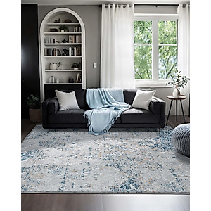 Ruggnovea 8x10 Area Rugs 8x10, Machine Washable Area Rugs for Living Room, Blue Teal Area Rug with Non Slip Dots for Bedroom, Low Pile Carpet with Modern Stripe Printing, Fade Resistant Area Mats