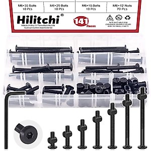 Hilitchi M6 140Pcs Black Hex Socket Head Screws Bolts Barrel Nuts Hardware Assortment Kit for Crib Baby Bed Furniture Cots and Chairs (15-75mm Assortment Kit)