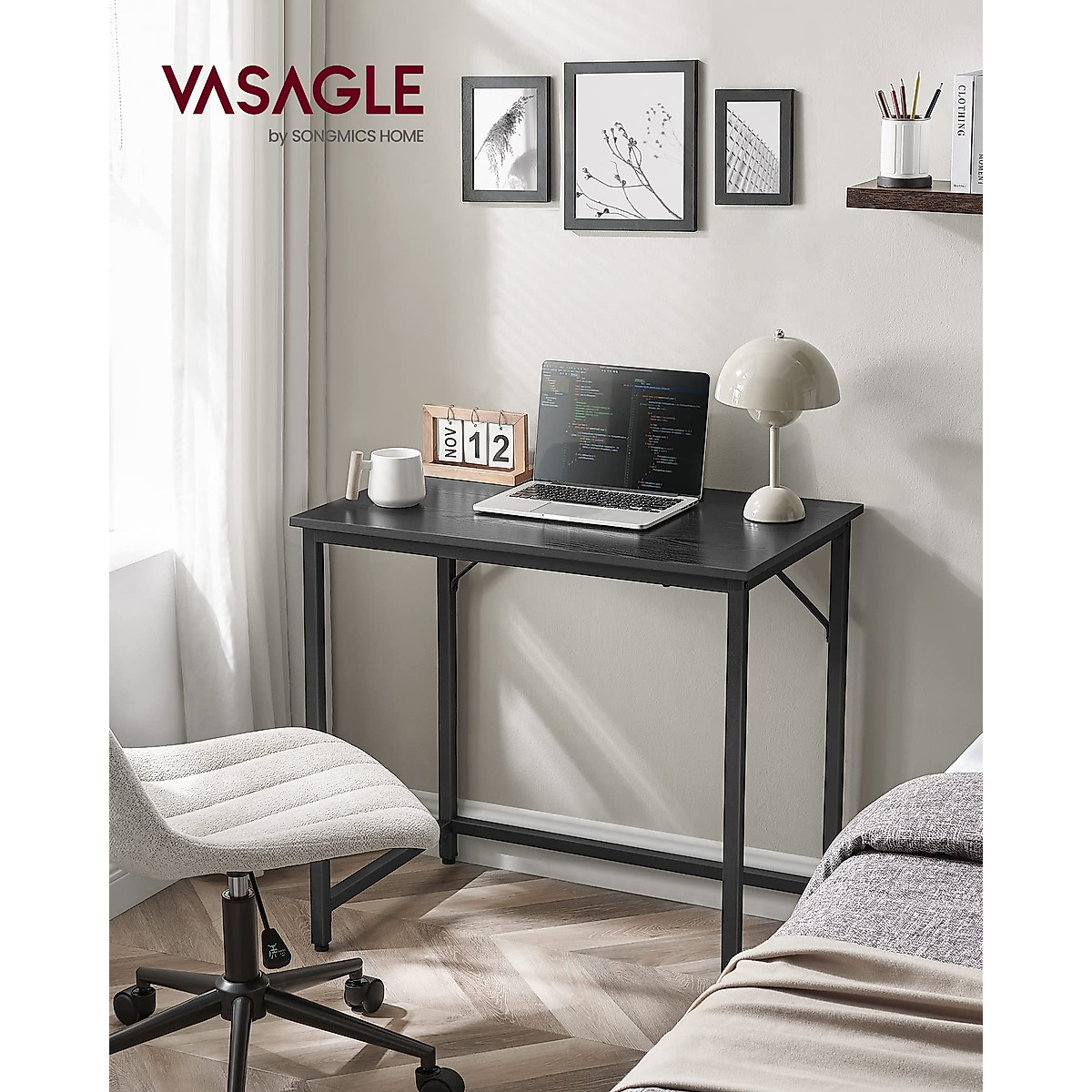 VASAGLE Computer Desk, Gaming Desk, Home Office Desk, for Small Spaces, 19.7 x 31.5 x 29.5 Inches, Industrial Style, Metal Frame, Black with Wood Grain ULWD038B56
