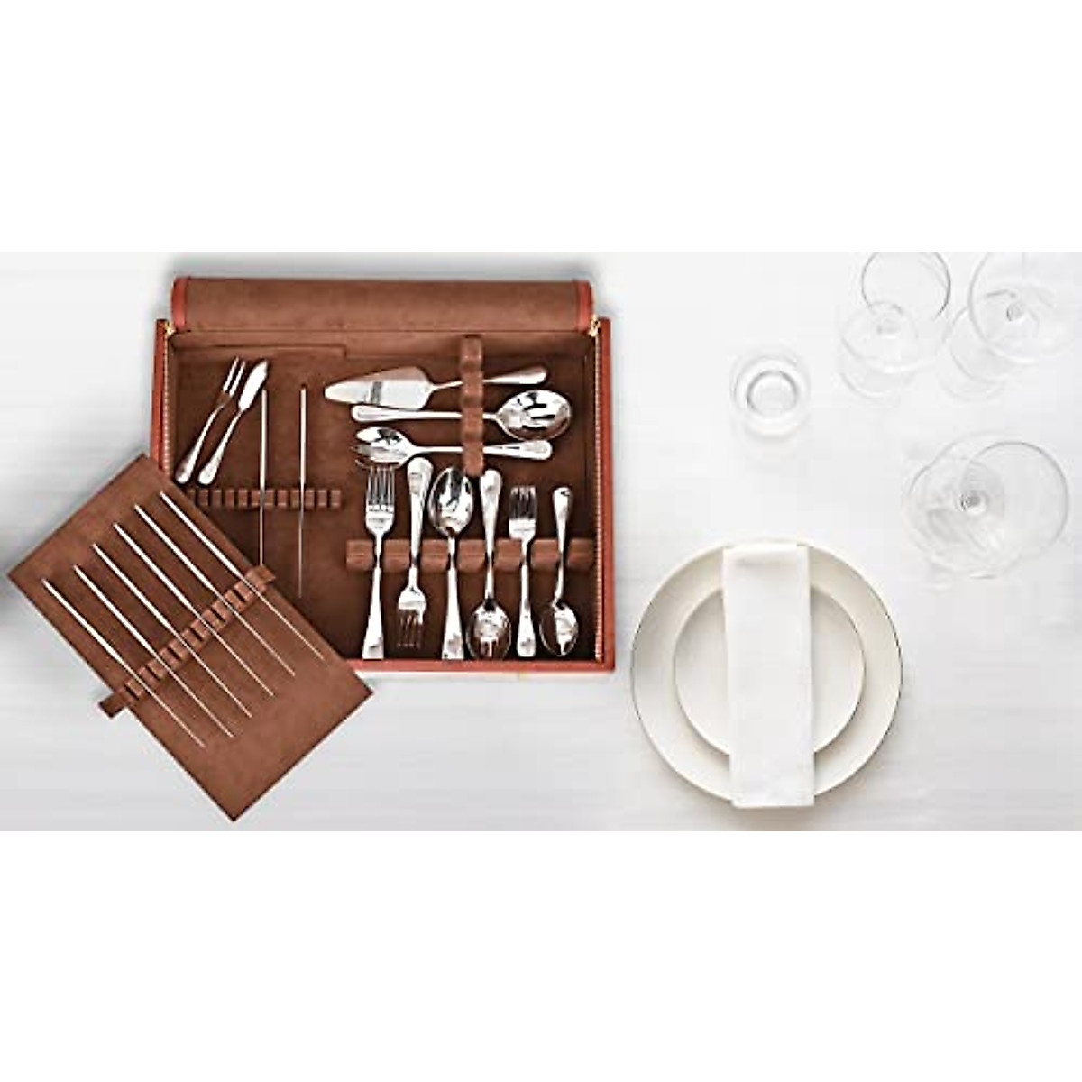 AdirHome Kitchen Silverware Utensil Holder, Leather Storage Box with Organizer Tray for Kitchen Tools Accessories Flatware Cutlery Set Knife Holder, Brown