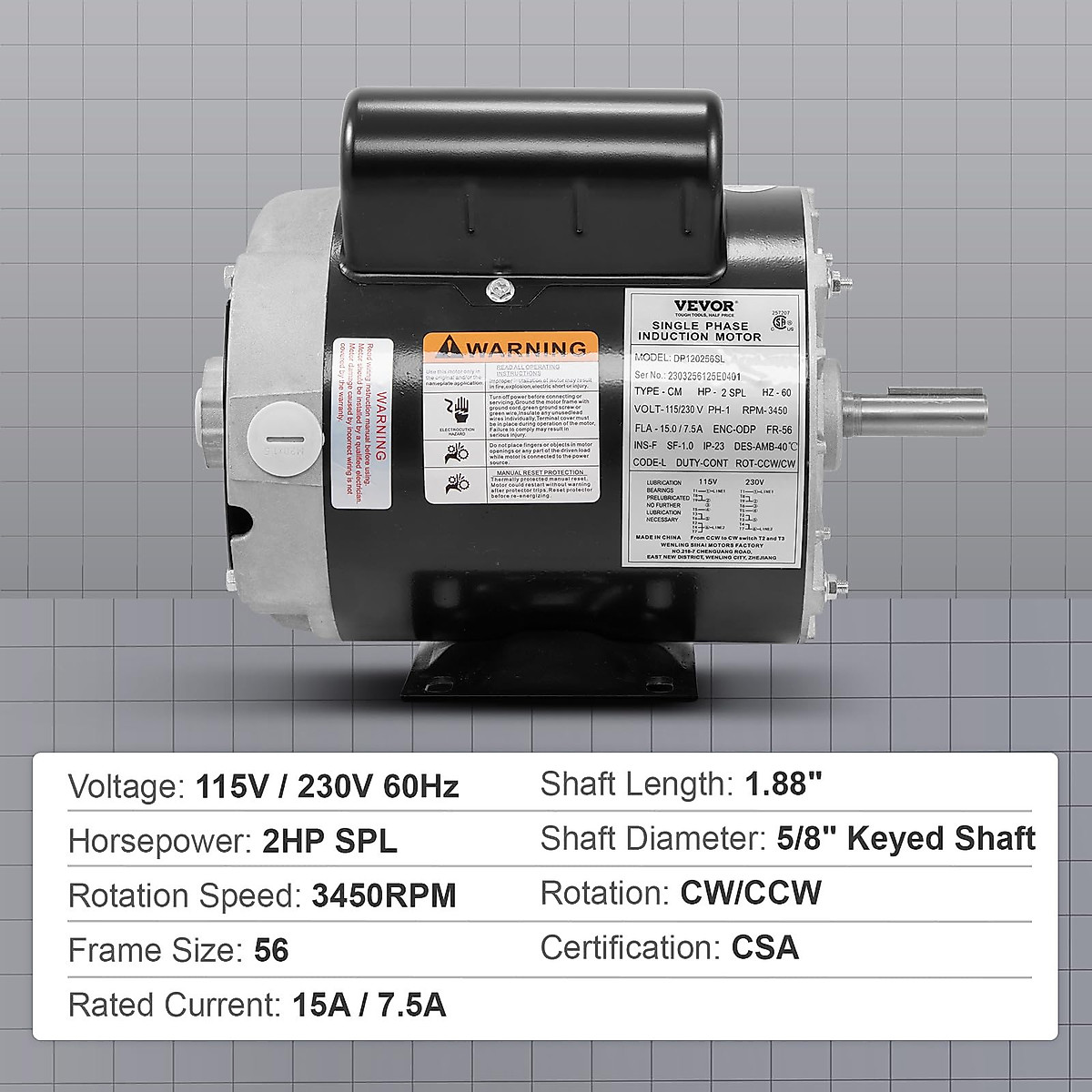 VEVOR 2HP SPL Air Compressor Motor, 3450 RPM Electric Motor, 115/230V, 15/7.5Amps, 5/8" Keyed Shaft 56 Frame, 1.88" Shaft Length for Air Compressors