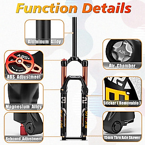 BUCKLOS 26/27.5/29 inch MTB Fork 120mm Travel, 1-1/8" Straight/Tapered Mountain Bike Fork Rebound Adjust, 15mm×100mm Axle, Manual Lockout Air Shock