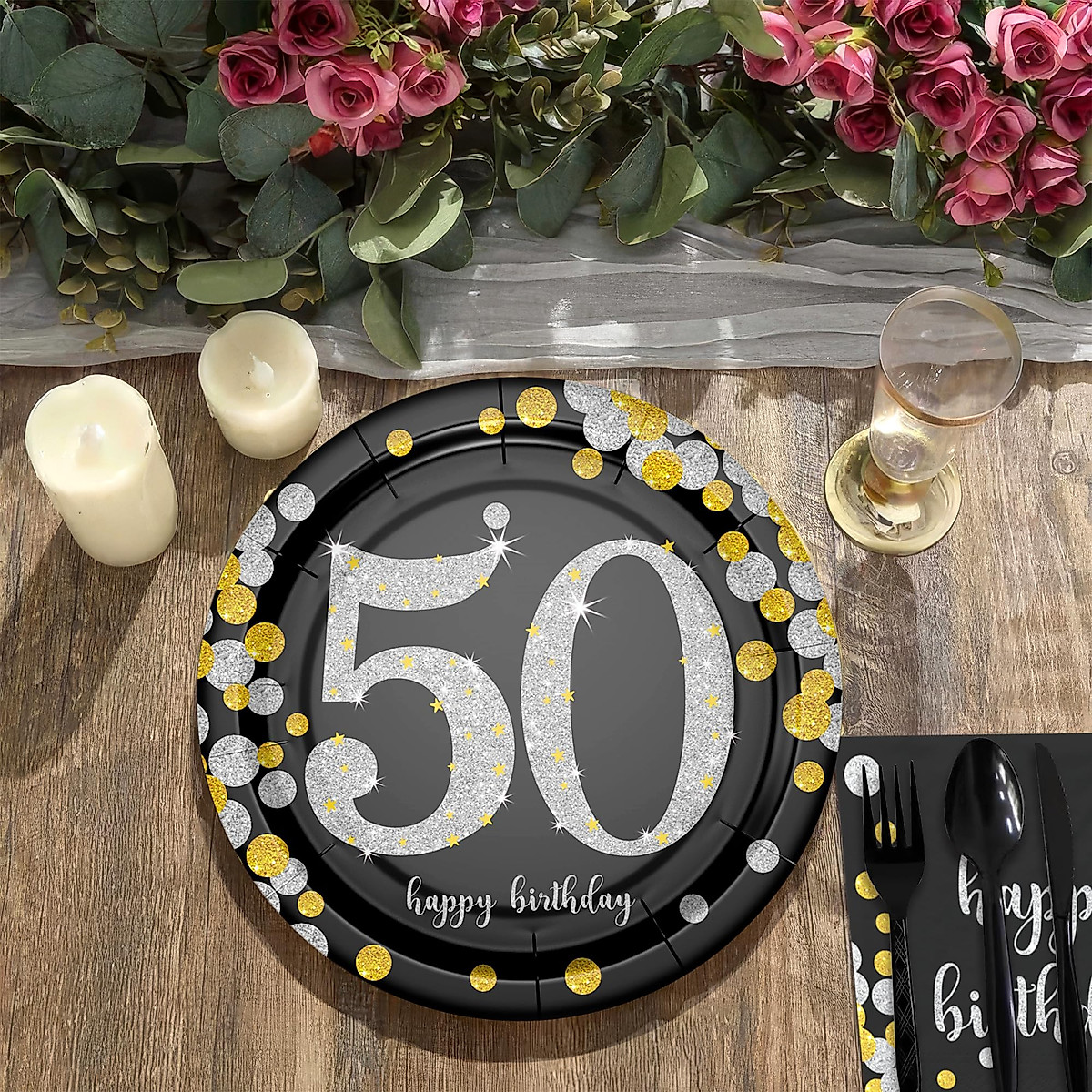 HIPVVILD Happy 50th Birthday Plates And Napkins Party Supplies Men Women - 50th Birthday Decorations Party Tableware, Plate, Cup, Napkin, 50 Year Old Birthday Table Decorations Dinnerware | Serve 24