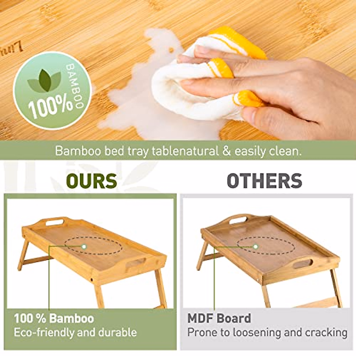 Bamboo Bed Tray,Breakfast Tray with Folding Legs Serving Tray with Carrying Handles Portable Lap Tray Lightweight Decorative Tray Food Tray for Breakfast in Bed,Reading or Working (17.1 Inch).