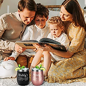 Gtmileo Daddys and Mommys Sippy Cup Stainless Steel Insulated Wine Tumbler Set, Mothers Day Fathers Day Christams Birthday Gifts for Dad Mom New Parents Papa Mama Anniversary(12oz, Rose Gold&Black)