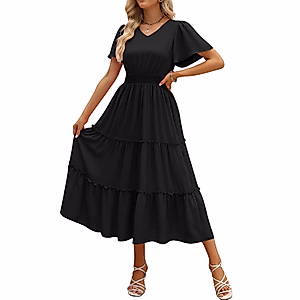 LILLUSORY Womens Cute Pleated Cotton Fancy Midi Dresses 2023 Summer Little Black Ladies Elegant Linen Curvy Short Ruffle Sleeves Flowy Tiered Long Maxi Dress