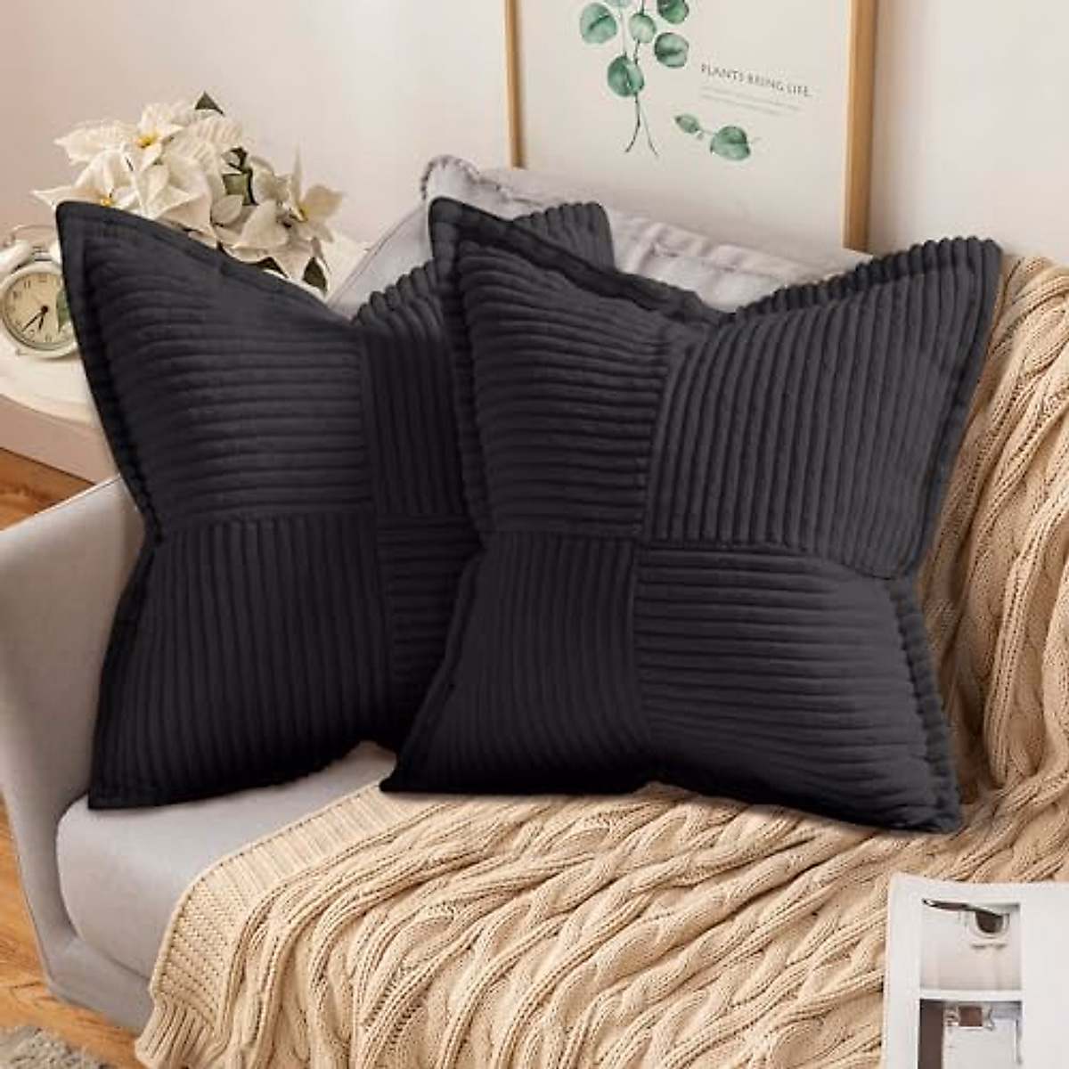 PENUFILO Black Corduroy Pillow Covers 18X18 Set of 2, Fall Soft Solid Striped Throw Pillow Covers for Living Room Couch Bed Sofa Home Decor Patchwork Textured Square Decorative Cushion Case