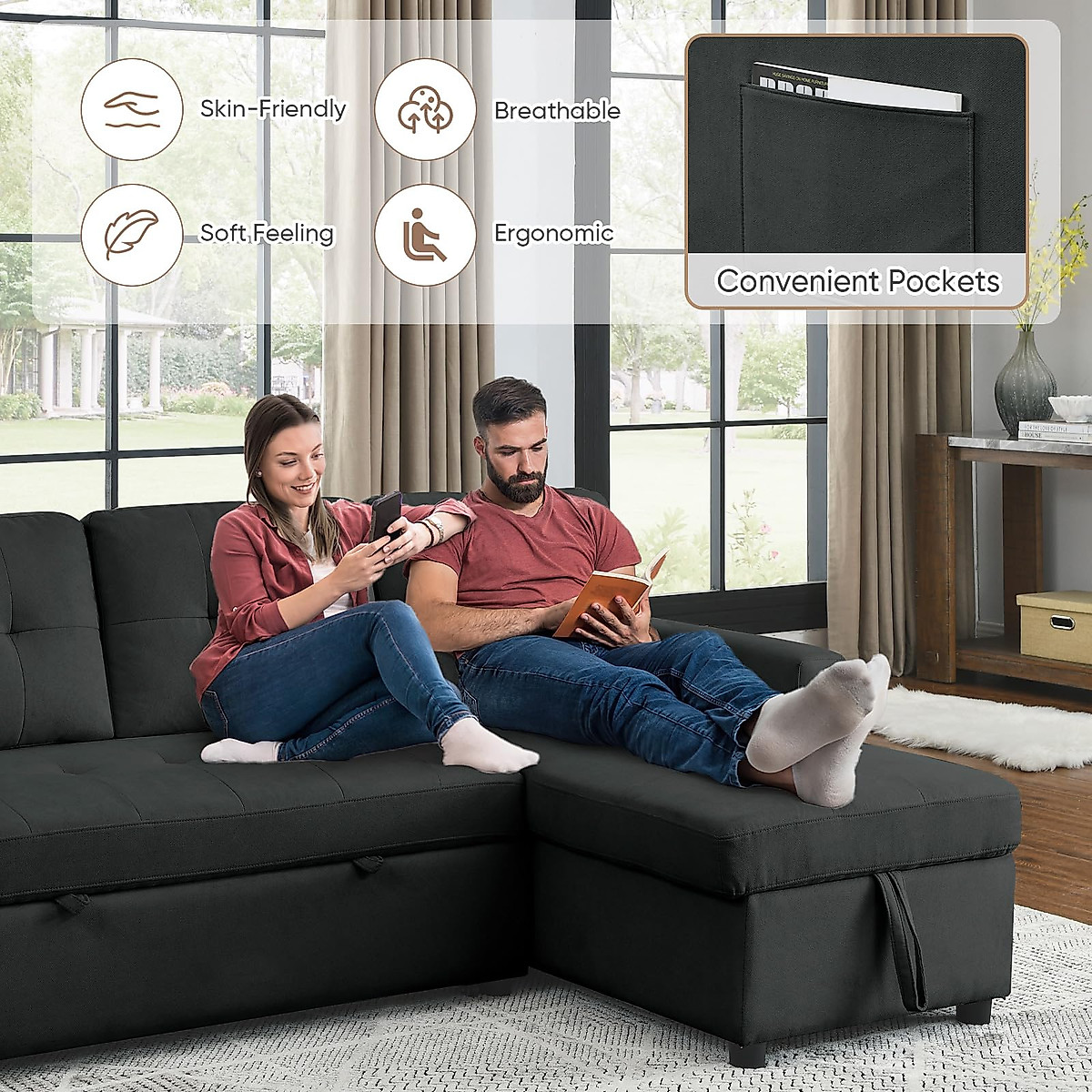 Antetek Reversible Sleeper Sectional Sofa with Pull-Out Bed, Comfy Tufted L-Shaped Sectional Sofa Couch Bed with Storage Chaise Side Pocket, Furniture Set for Living Room, Small Space, Black