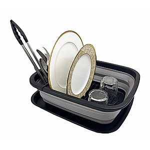 SAMMART 8L (2.11Gallons) Collapsible Dish Drainer with Drainer Board - Foldable Drying Rack Set - Portable Dinnerware Organizer - Space Saving Kitchen Storage Tray (Black/Alloy Grey)