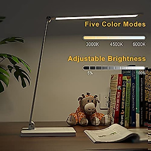 LED Desk Lamp with USB Port, Desk Light with 10 Brightness 5 Color Temperature, Soft Table Lamp for Reading, Office and Home, Touch Control, 30/60 Timer Off, No Glaring