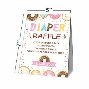 JCVUK Baby Shower Games, 1 Diaper Raffle Standing Sign with 50 Diaper Raffle Tickets,Donut Love Theme Babyshower Party Decorations and Supplies For Boys or Girls(LBLK-B10)
