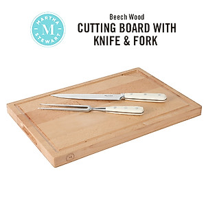 Martha Stewart Goswell 3pc Set w/ 8" Triple Riveted Stainless Steel Carving Knife, 6" Triple Riveted Stainless Steel Carving Fork w/Beech Wood Cutting and Serving Board