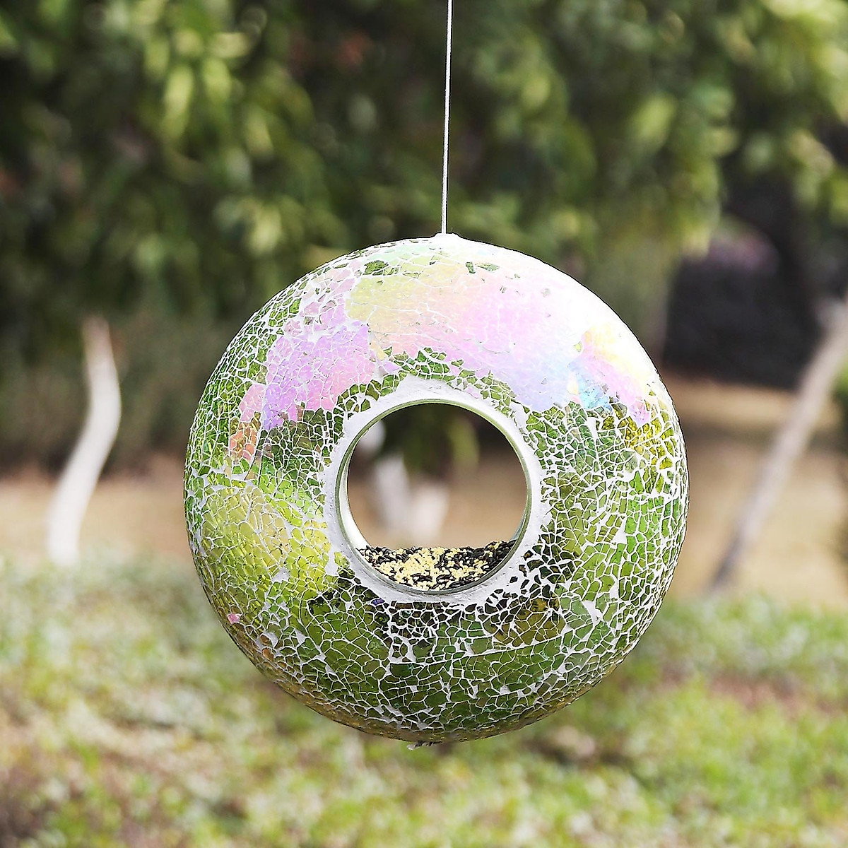 Bird Feeder,Wild Bird Feeders for Outside,Hanging Bird Feeder,Circle Glass Birdfeeder, Bird Feeders for Garden Yard Decoration, Green Circle