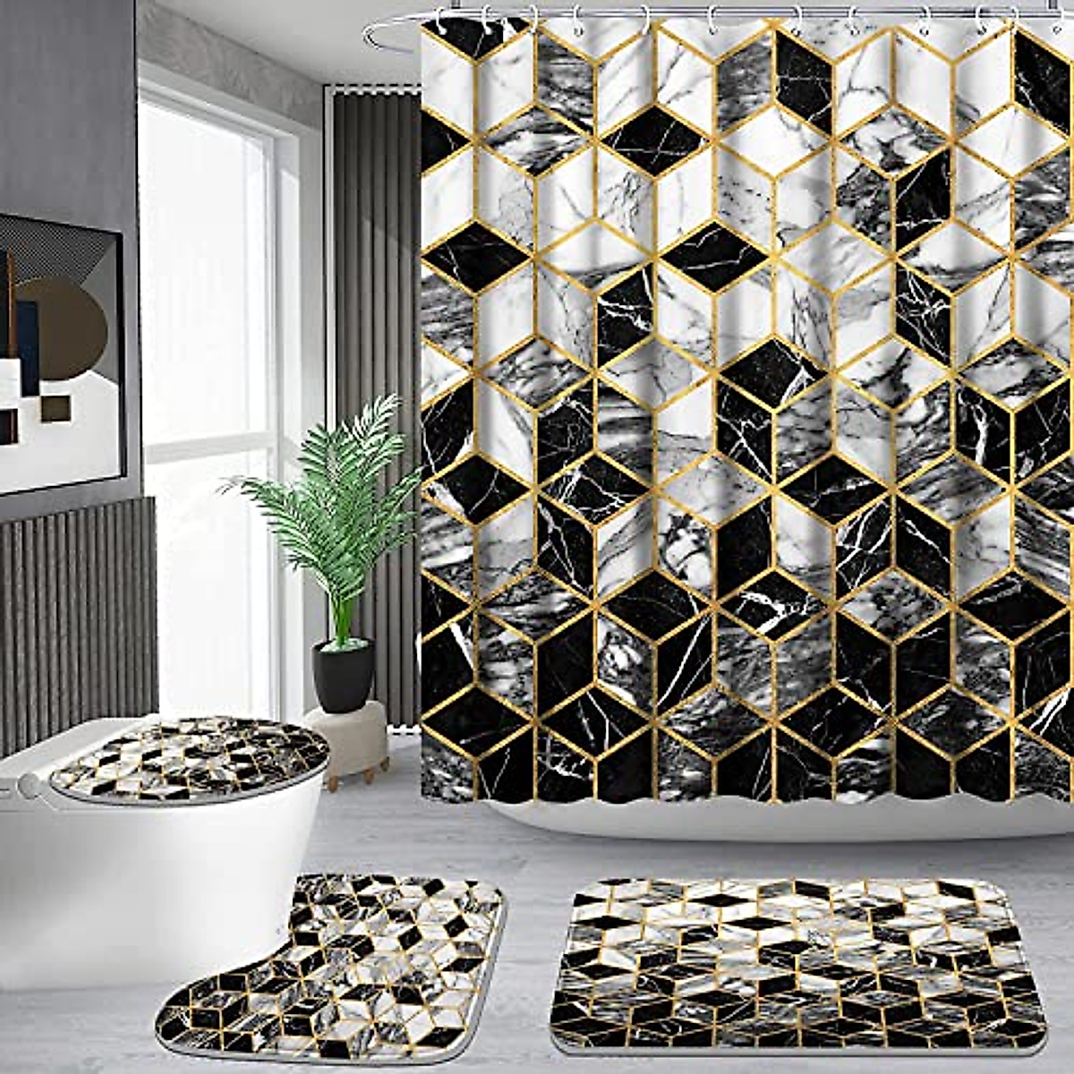 4 Pcs Bathroom Shower Curtain Set, Honeycomb Marble Bathroom Sets with Rugs(Bath Mat,U Shape and Toilet Lid Cover Mat) and 12 Durable Hooks