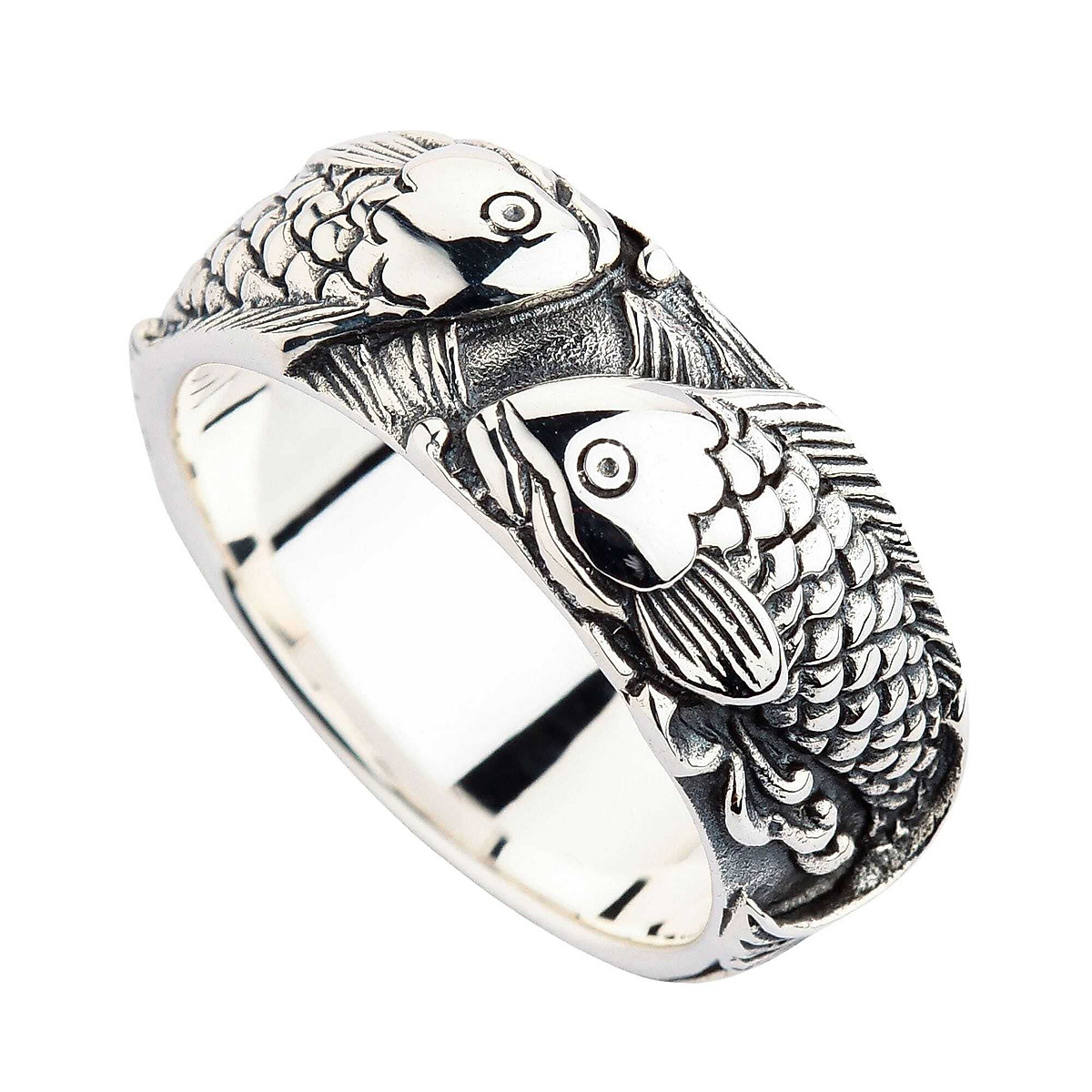 Sterling 925 Silver Japanese Koi Fish Wedding Band Rings Size 9.5
