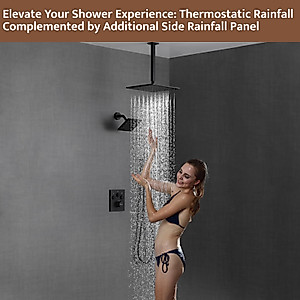 SHOYELA Thermostatic Shower System Matte Black, Push Button Diverter Shower Faucet with 2 in 1 Handheld, Ceiling Mount 12 Inch Shower Head with 6 Inch Wall Mount Shower Head
