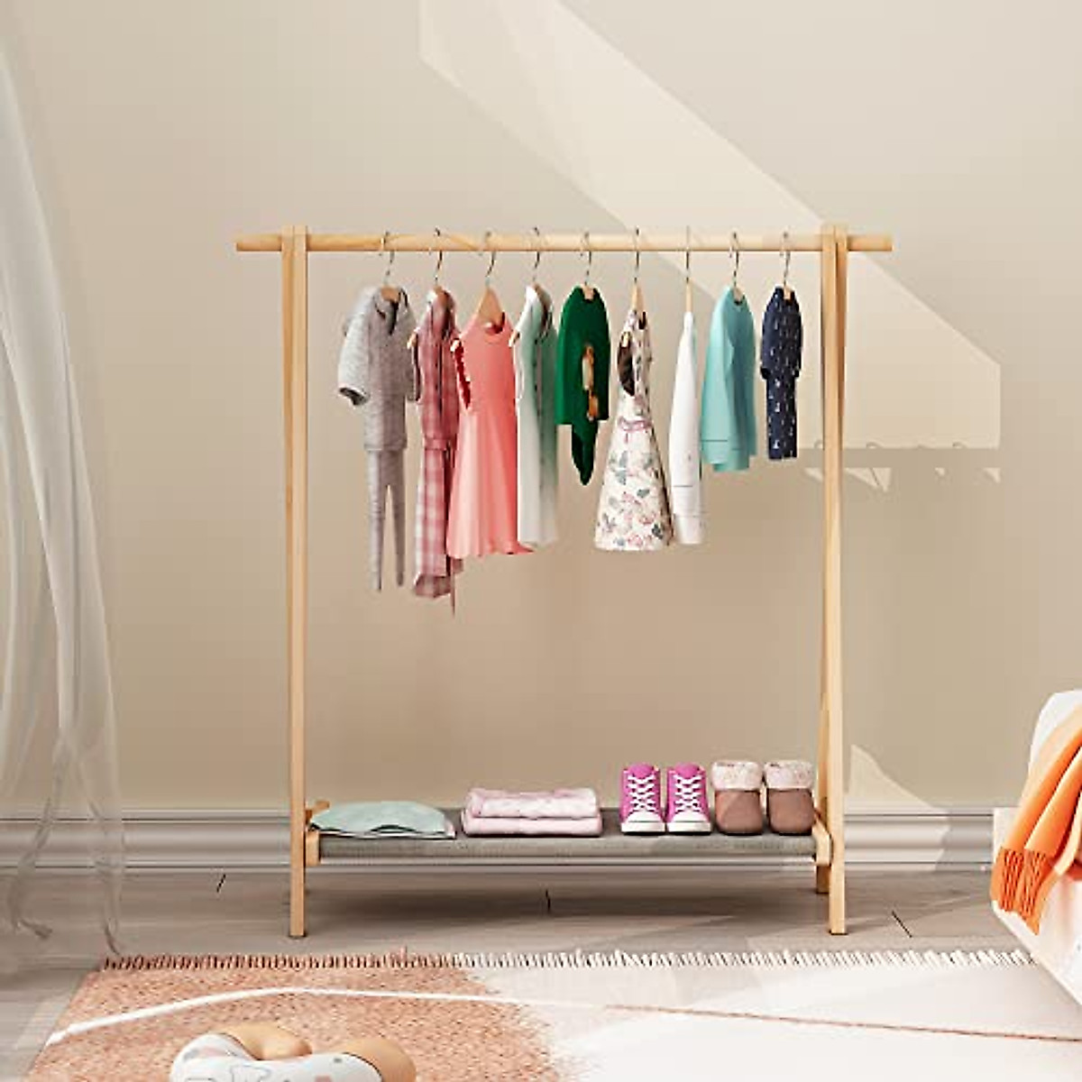 Clikuutory Kids Garment Rack, Kids Clothes Rack for Hanging Clothes, Baby Freestanding Clothing Rack with Storage Shelf & Hanging Rod, Stable Triangular Frame, 100% Natural Pine Wood, Dress up Rack