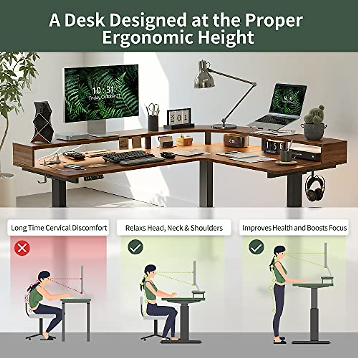 FEZIBO Triple Motor L Shaped Stadning Desk with LED Strip & Power Outrlets，63 inches Height Adjustable Stand up Corner Desk with Ergonomic Monitor Stand, Black Frame/Black Walnut Top