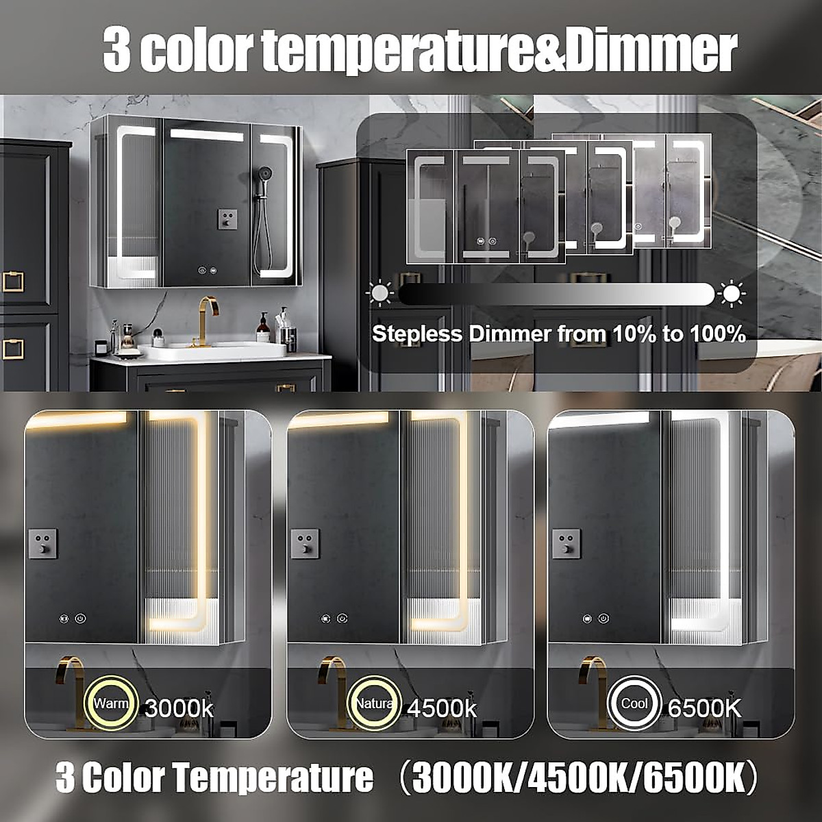 Janboe Stainless Steel LED Medicine Cabinet,Bathroom Mirror Cabinet with Light,3 Color,Dimmable,Equipped with Defogger,USB Shavor Socket,Internal Light,36×32 Inch