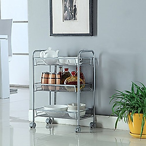 Goujxcy 3-Tier Kitchen Island Dining Cart on Wheel Honeycomb Mesh Iron Multi-Functional Storage Shelf Movable Microwave Rack Utility Organizer Unit Silver