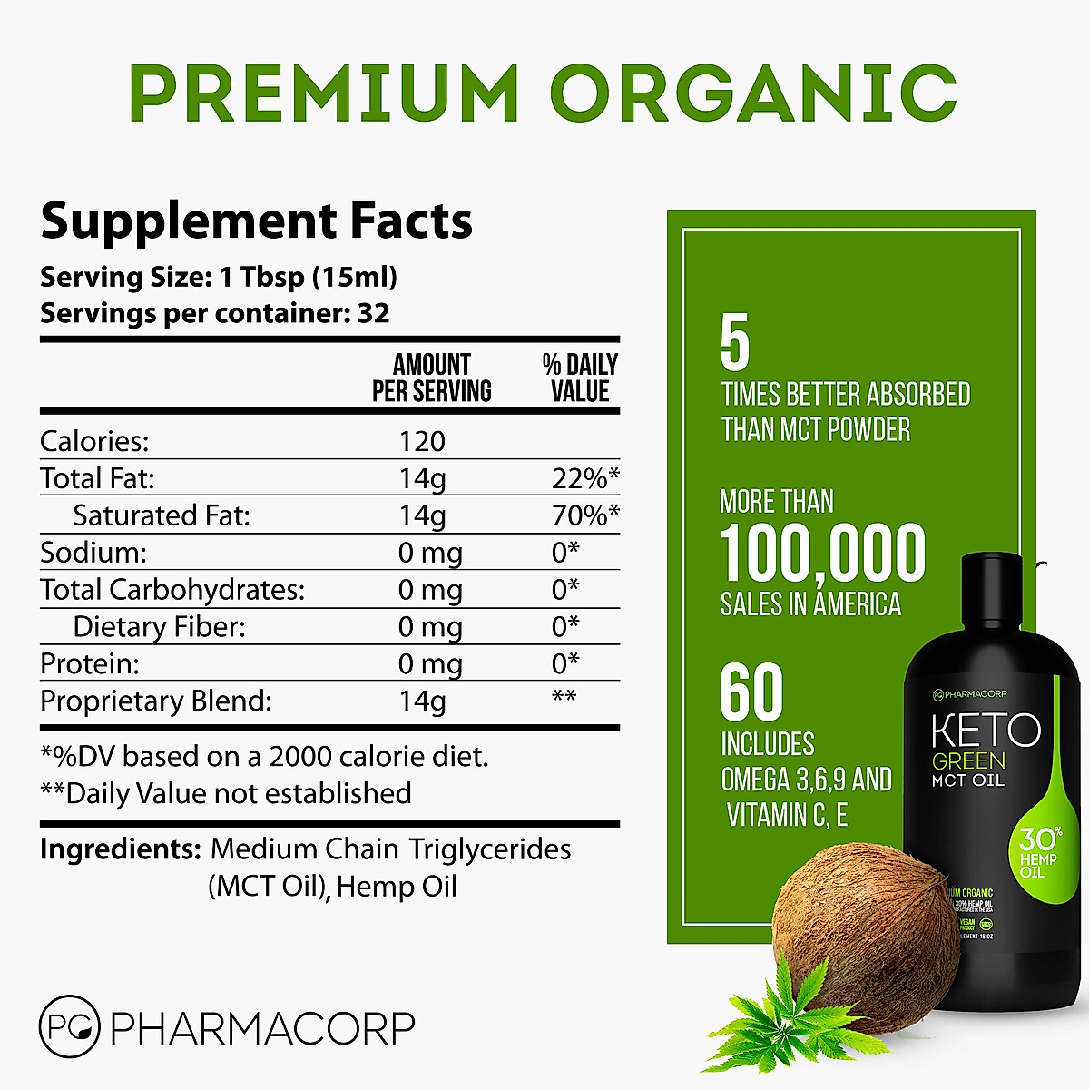 100% Organic MCT Oil for Vegan - Derived only from Non-GMO Hawaiian Coconuts - Includes Omega 3,6,9 and Vitamic C, E (3-in-1) - US Made - Great in Keto Salad Dressings