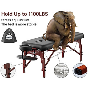 CLORIS 84" Professional Massage Table Portable 2 Folding Lightweight Facial Salon Spa Tattoo Bed Height Adjustable with Carrying Bag & Wooden Leg Hold Up to 1100LBS