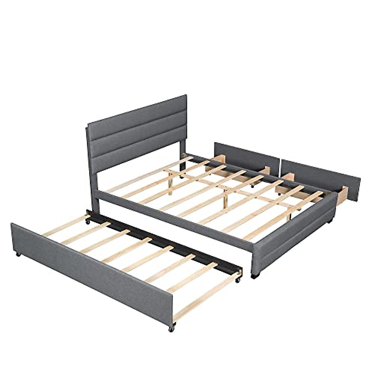 YUNLife&Home Upholstered Queen Size Platform Storage Bed with Trundle and Two Drawers, Velvet Upholstered Trundle Bed Frame, Wooden Queen Bed Frame with Headboard, No Box Spring Needed