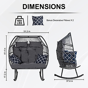 Prime Garden Double Egg Chair Indoor Outdoor with Oversized Thicken Padded Cushions, 2 Person Egg Loveseat Chair, 660 lbs Patio Rocking Chair for Balcony Porch Backyard Grey