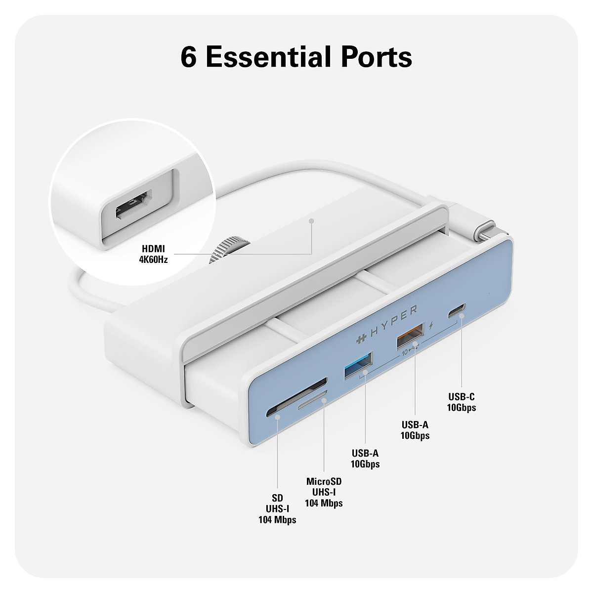 HyperDrive iMac USB Hub Adapter, 6in1 iMac Accessories: HDMI 4K60Hz, USB-C 10Gbps, 2 USB-A 10Gbps, SD UHS-I, MicroSD UHS-I for iMac 2021 24 inch