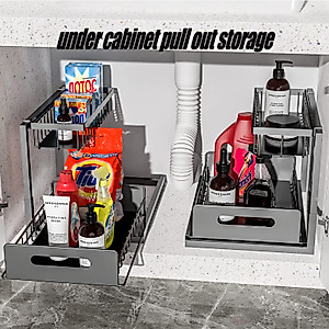 KINGPOUL Under Sink Organizers-2-Tier Heavy Duty Metal Slide Out Pull Out Drawers L-Shape Under Cabinet Storage Around Plumbing, for Under Kitchen Bathroom Sink Organizers and Storage(Black)