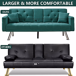 mikibama 76 Inch Futon Sofa Bed with Cup Holders, Linen Convertible Folding Futon Couch with Adjustable Backrest and Throw Pillows for Living Room, Tufted Sleeper Sofa with Metal Legs (Teal)